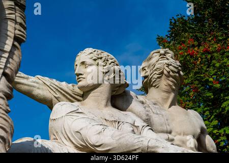 Close-up of the figures of Neptune in Chariot statue in Cardiff Stock ...