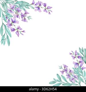 Watercolor floral corner border with purple magnolia branch and ...