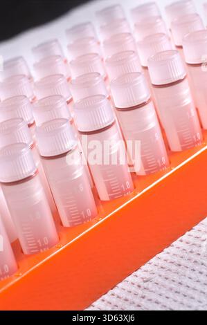 Close up chemical test tubes in in modern laboratory equipment ...