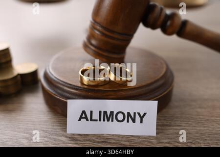 Paper note with word Alimony, wedding rings, judge's gavel and coins on ...