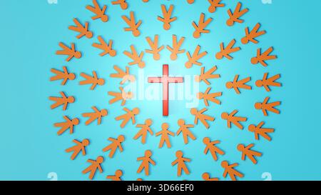 A 3d rendering of Christian cross is centered, surrounded by human ...