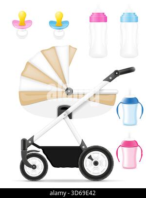 Vector illustration with baby stroller, goods for babies. Newborn baby ...