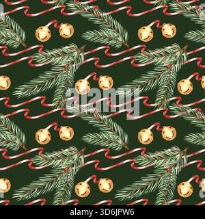 Watercolor Christmas seamless pattern. Hand painted holiday objects ...