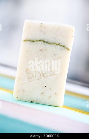 Soap bars with foam on green background, flat lay Stock Photo - Alamy