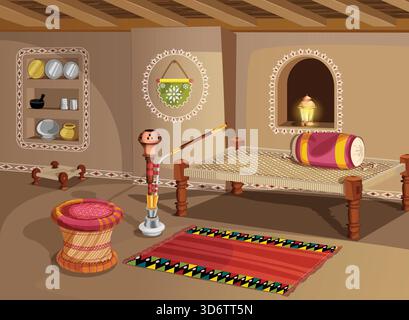 Illustration of Indian village house interior vector art, bedroom ...