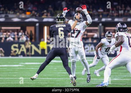 Atlanta Falcons linebacker James Pearce Jr. (27) reacts to a tackle on ...