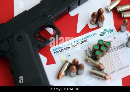 Canadian firearms license and handgun with bullets on Canadian flag ...
