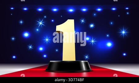Winner award. Number one. Golden laurel wreath on podium with falling ...