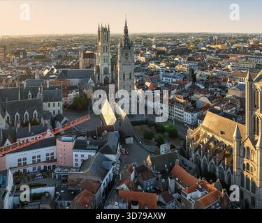 Aerial view of the iconic Ghent City Hall and the Post Office, bathed ...