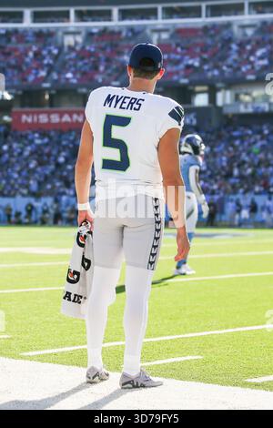 Seattle Seahawks kicker Jason Myers (5) kicks anextra-point against the ...