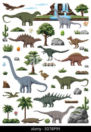 8 bit pixel game waterfall cascade landscape, video arcade vector ...