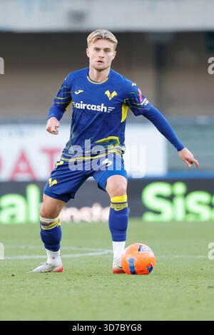 Martin Frese of Hellas Verona FC competes for the ball with Dodo of ACF ...