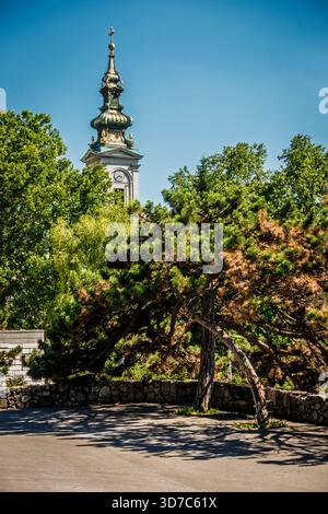 A scenic view of the Belgrade cityscape from a rooftop in Serbia, a ...