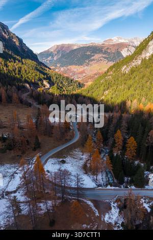 Aerial view of the Albula valley and pass with the Rhaetian Railway ...