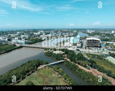 Aerial view of the bridge spanning the Iloilo River, cutting through ...