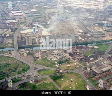 Aerial view of Leeds east end and riverside, in 1989, radically ...