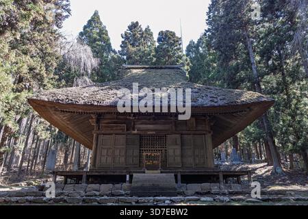 Buddhist Jokoji Temple between large pine trees in Obuse in Nagano ...