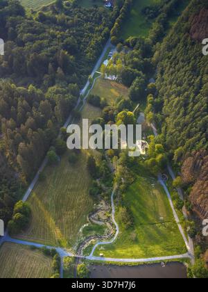Aerial view, beaver stream, beaver valley, restored Biberbach, forest ...