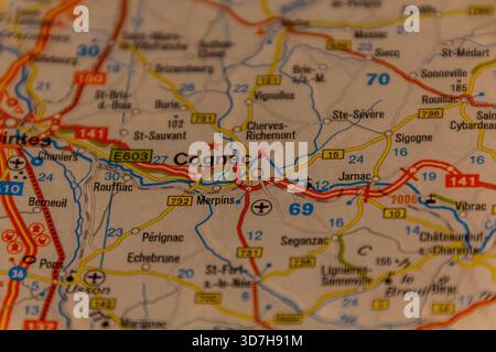 Cognac, France on a road map Stock Photo - Alamy