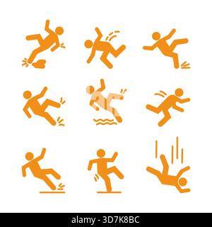 Set of caution symbols with falling stick figure man. He falls down the ...