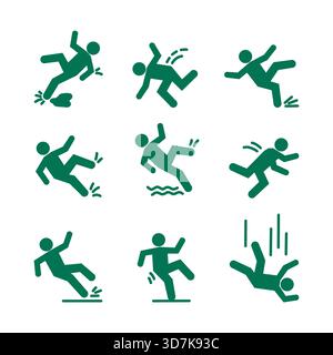 Set of caution symbols with falling stick figure man. He falls down the ...