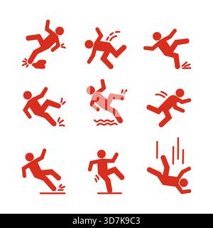 Set of caution symbols with falling stick figure man. He falls down the ...