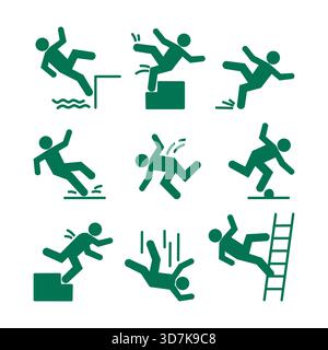 Set of caution symbols with falling stick figure man. He falls down the ...