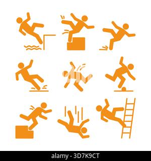Set of caution symbols with falling stick figure man. He falls down the ...