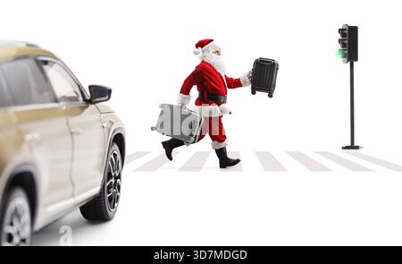 Santa Claus crossing a street and carrying suitcases isolated on white ...