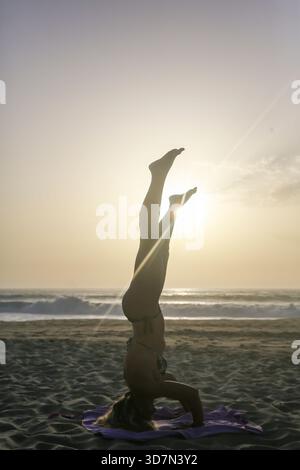 Sporty woman meditating on fresh air, sitting on fitness mat and ...