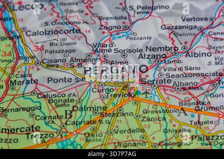 Bergamo, Italy, on a road map Stock Photo - Alamy