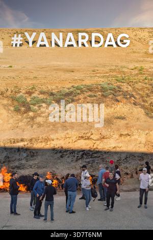 Sign for Yanardag (Burning Mountain) natural gas fire in Baku ...