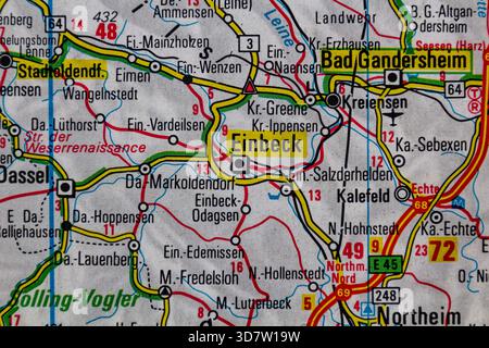 Einbeck and Bad Gandersheim, Germany, on a road map Stock Photo - Alamy