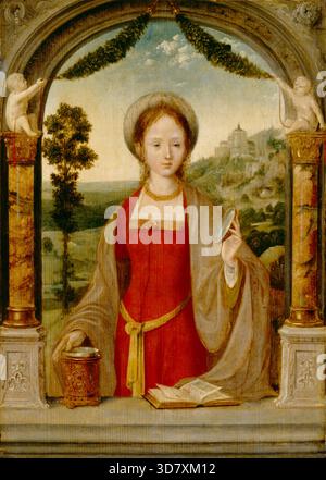 This half-length portrait of Mary Magdalene shows her holding a jar of ...