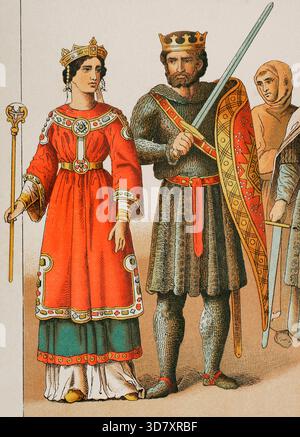 History of France, 1100, (1884). From left to right, 1-2: ploughmen, 3 ...