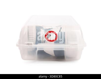 Pair of sneakers in plastic box isolated on white. Shoe storage Stock ...