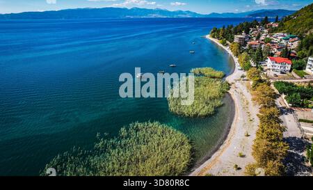 Aerial view of Lagadin village by Ohrid lake in North Macedonia in ...
