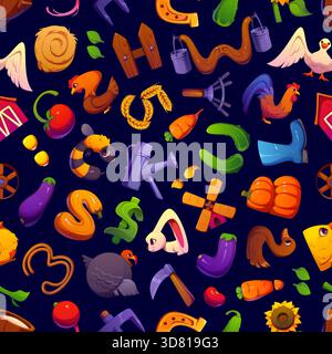Seamless pattern farm animals, pumpkin and fence, haystack and cart ...