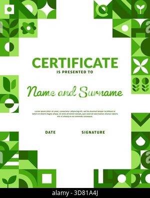 Vertical ecology certificate template with green geometric shapes ...
