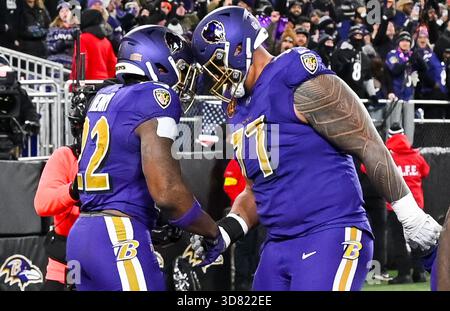 Baltimore Ravens guard Daniel Faalele reacts after a play during the ...