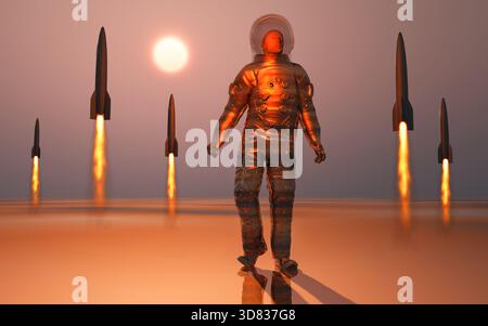 Astronaut & Rockets Taking Off Stock Photo - Alamy