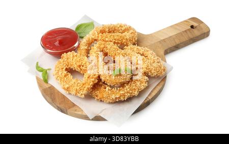 Deep fried squid rings, basil and ketchup isolated on white Stock Photo - Alamy