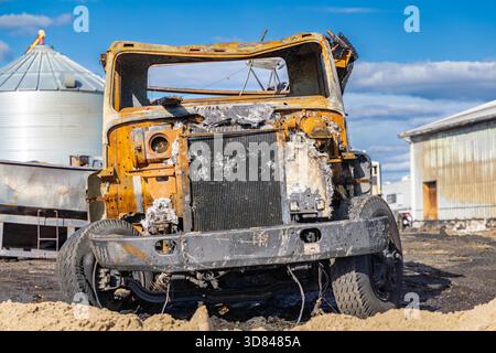 large farm truck destroyed by fire at the Wells Farm in Northville ...