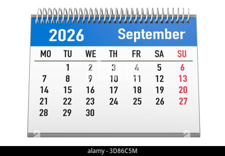 September 2026, Monthly desk calendar for 2026 year on yellow and blue ...