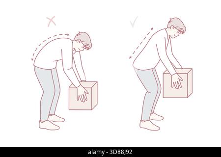 Correct technique of lifting heavy packages. Man lift box wrong and ...