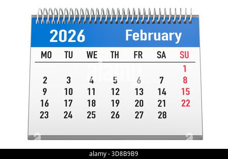 February 2026, Monthly desk calendar for 2026 year on yellow and blue ...