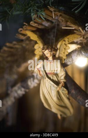 Beautifully carved Archangel Gabriel in a Christmas nativity scene ...