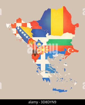 Flags of all countries on the map of Balkans in soft grunge and vintage ...