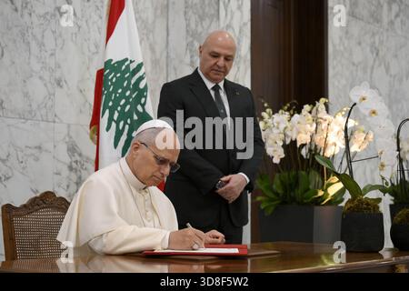 Lebanese President Joseph Aoun, right, meets with European Commission ...