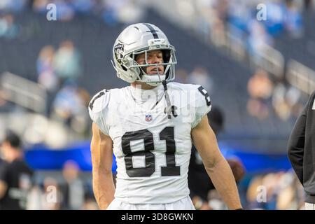 Raiders wide receiver Alex Bachman (81) takes the field after halftime ...